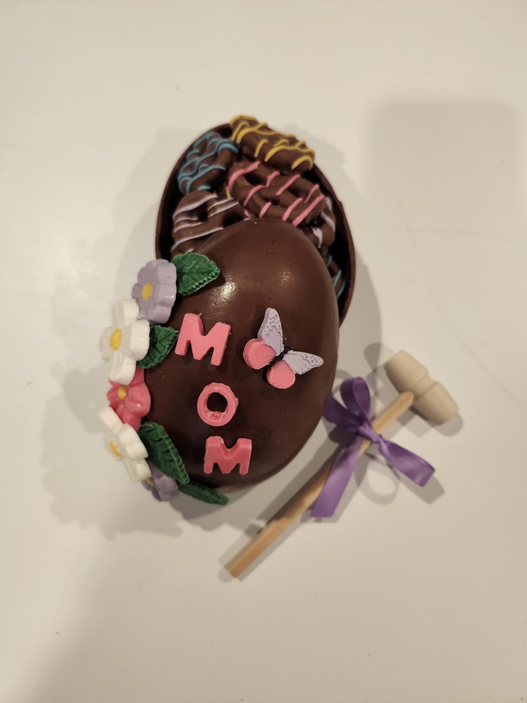 Breakable Chocolate Easter Egg With Mallet and Filled With Mini Chocolate Covered Pretzels ...