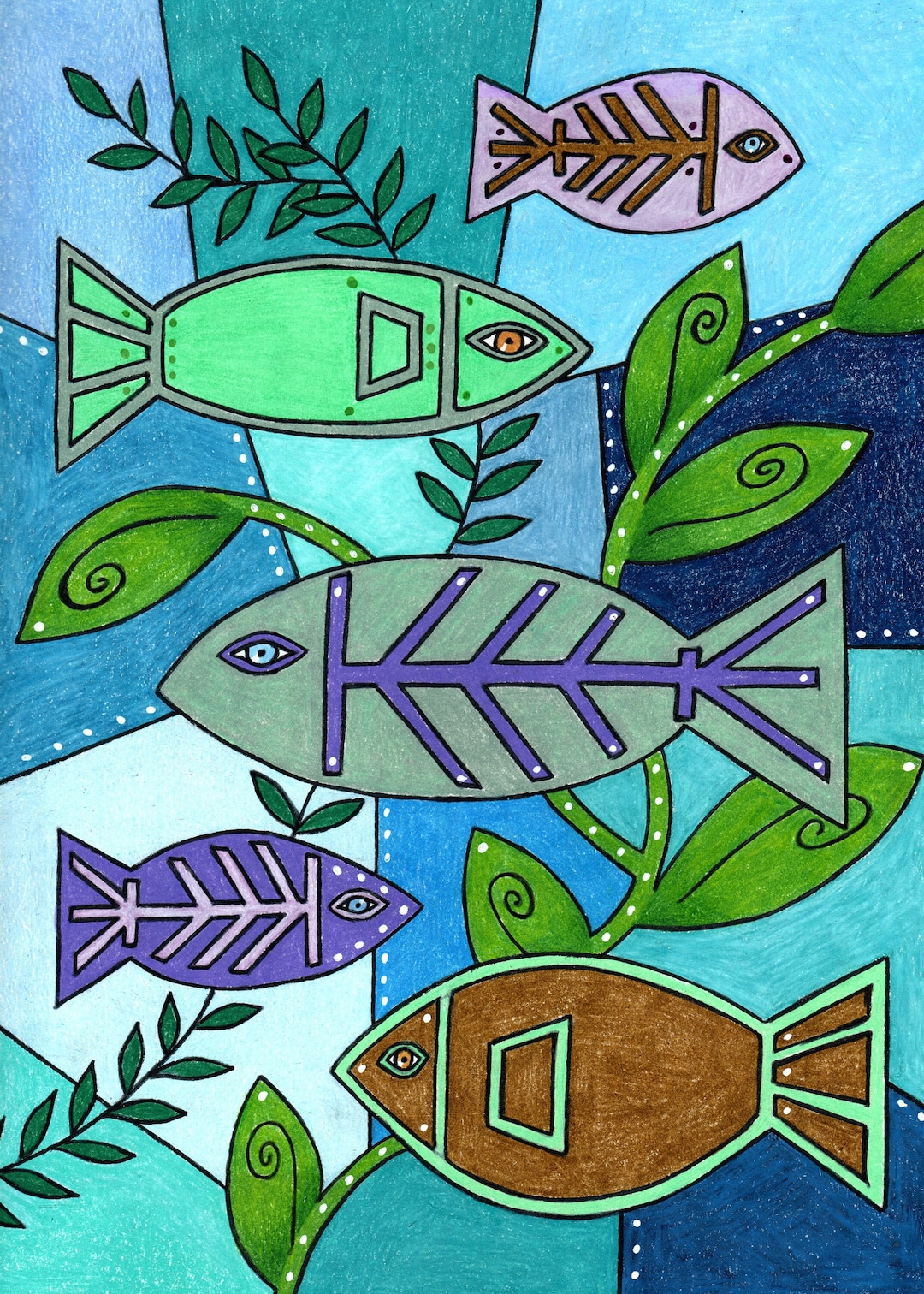 Fish Folk Art, Green Folk Art Fish in Blue Water, Folk Art Fish, Violet ...
