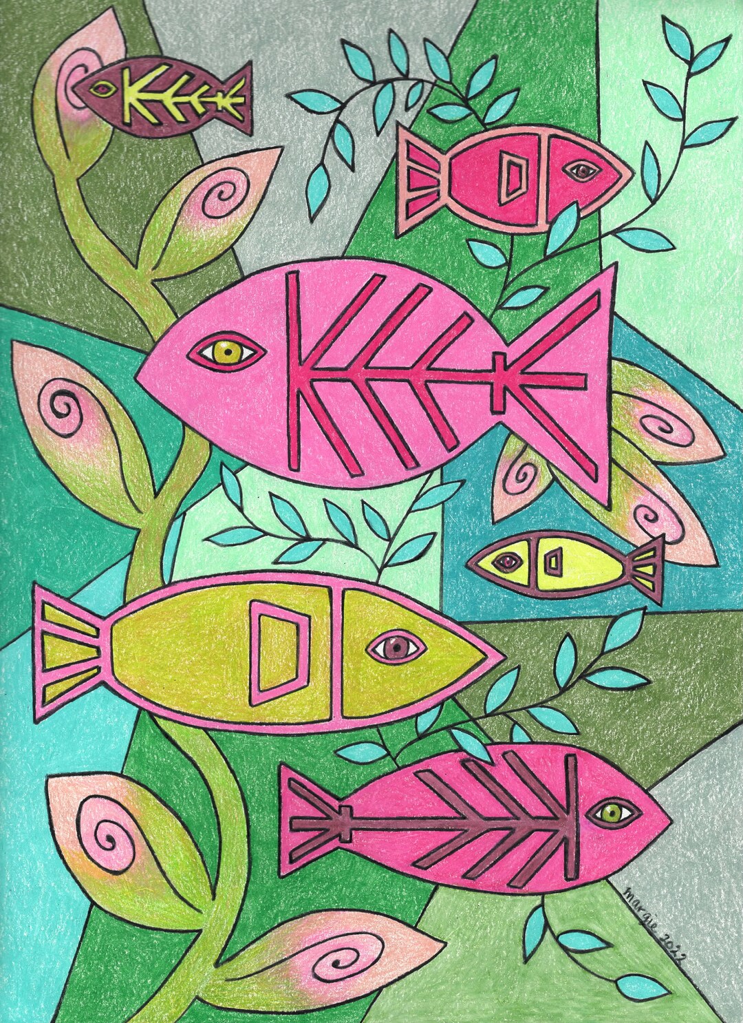Pink Folk Art Fish, Fish Folk Art, Whimsical Fish, Folk Art Fish, Pink ...