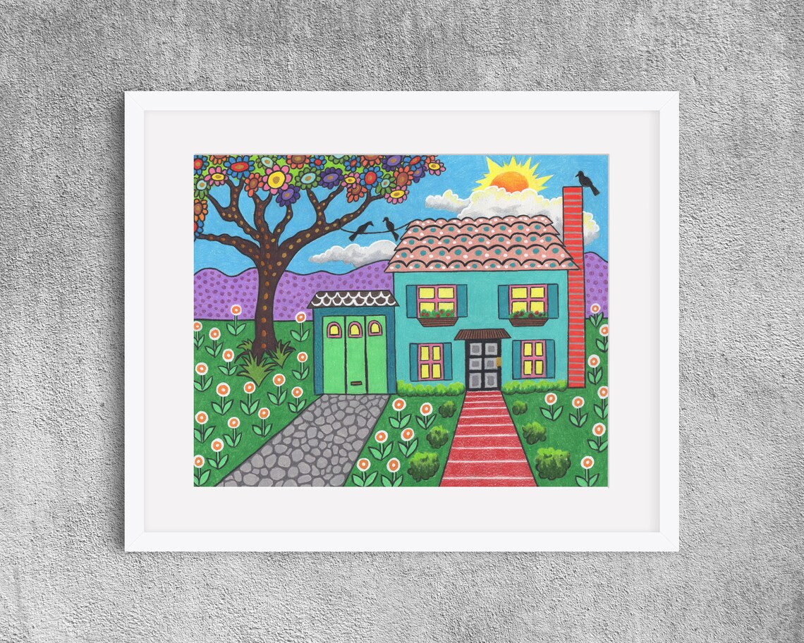 Folk Art House | Turquoise House Art | House Folk Art | House Wall Art ...