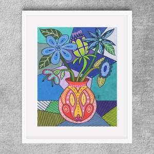 Folk Art Flowers | Folk Art Drawing | Whimsical Flower Art, Blue Folk ...