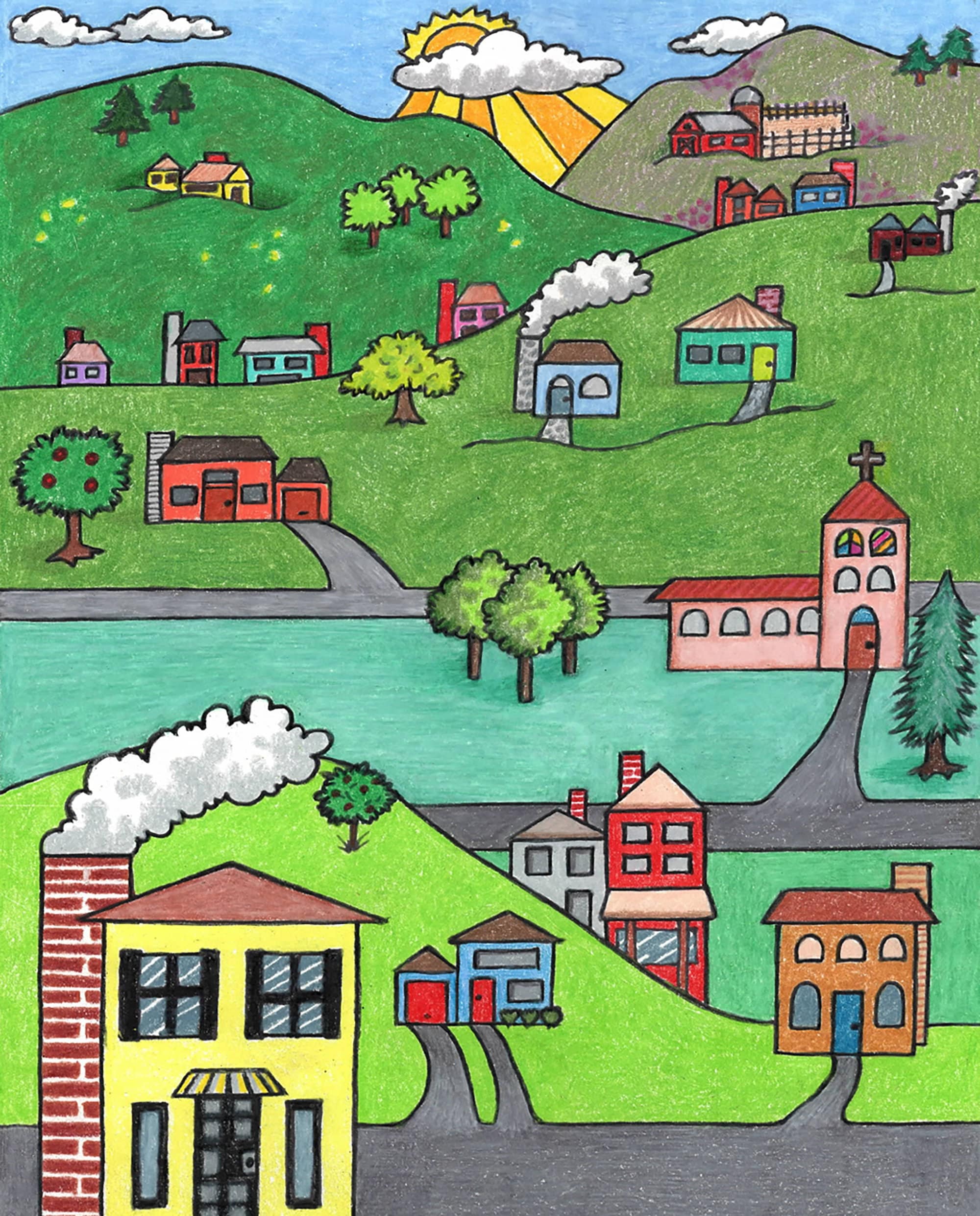 Town Drawing For Kids