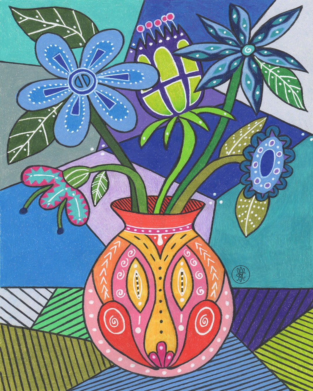 Folk Art Flowers | Folk Art Drawing | Whimsical Flower Art, Blue Folk ...