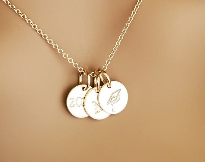 Personalized Senior Necklace, Initial Charm, Graduation Cap Hand Stamp ...