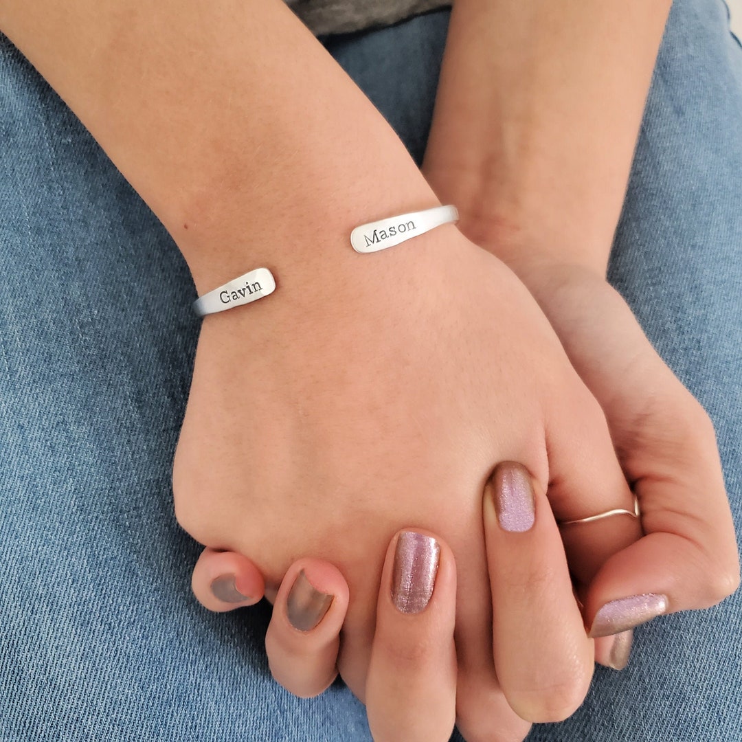 Mom Cuff With Kids Names Stacking Bracelet, Personalized Thin Hammered ...