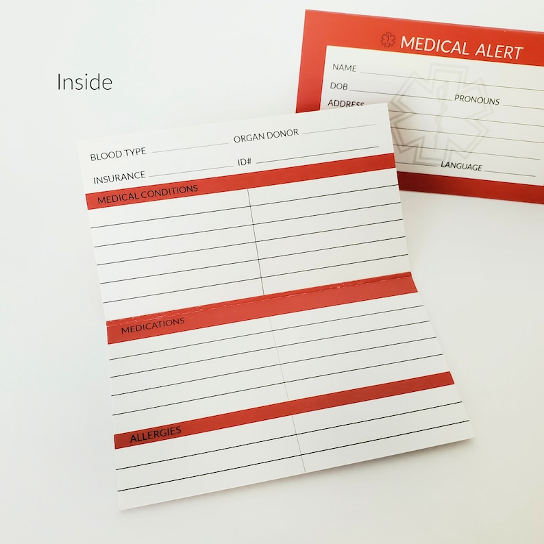 2 Fold-over Medical ID Wallet Cards, Emergency Identification, Write-in ...