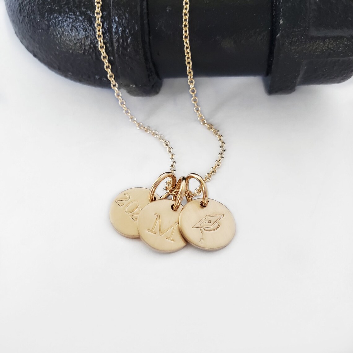 Personalized Senior Necklace, Initial Charm, Graduation Cap Hand Stamp ...