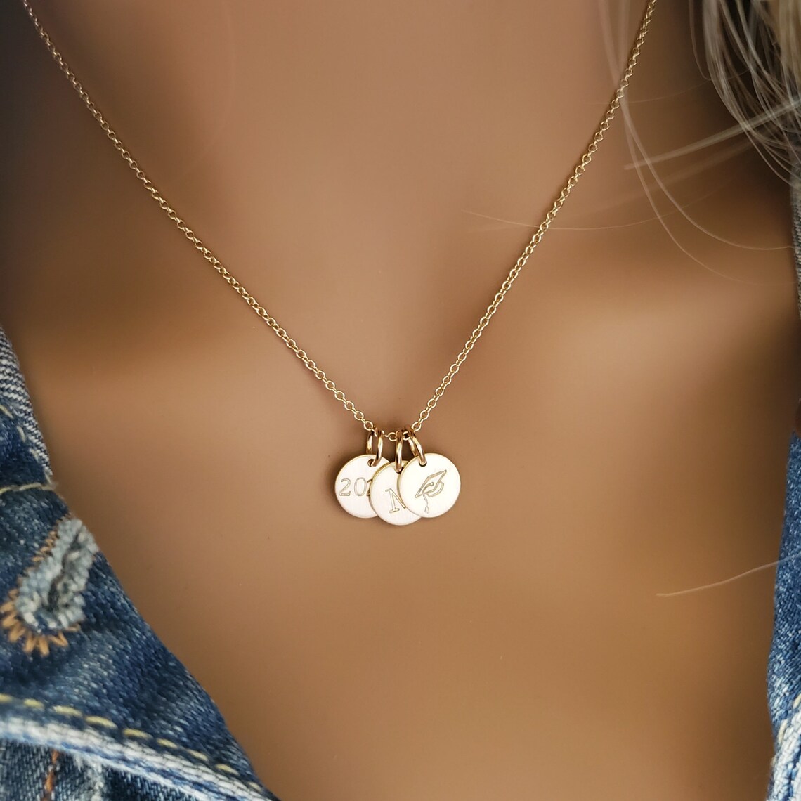 Personalized Senior Necklace, Initial Charm, Graduation Cap Hand Stamp ...