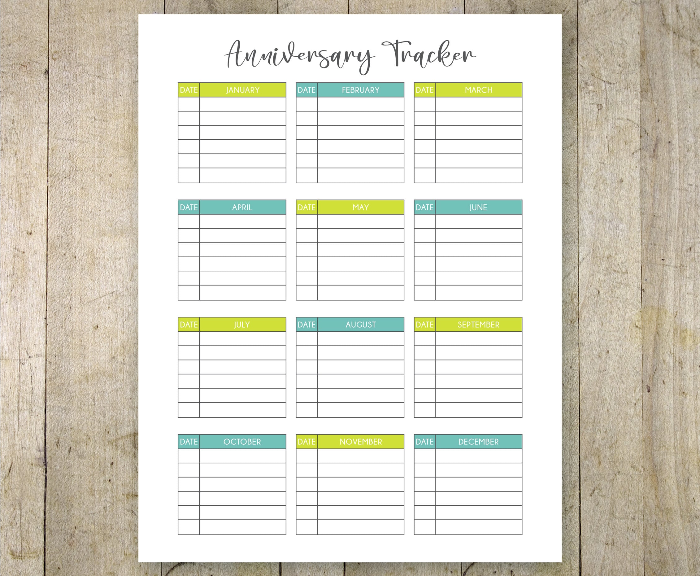 Anniversary Tracker Printable Yearly Anniversary Event Calendar Page ...