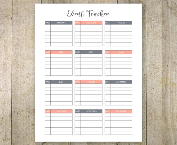 Event Tracker Printable Yearly Event Printable Event - Etsy