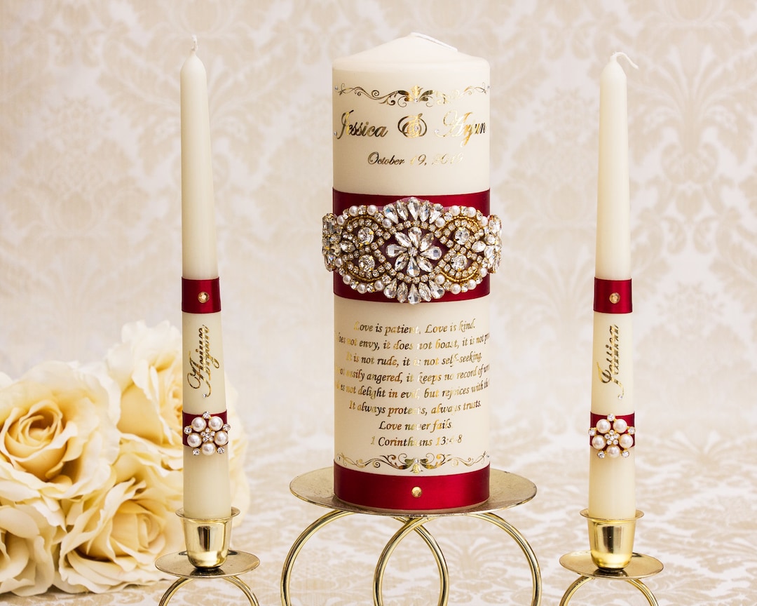 Deep Red and Gold Wedding Unity Candle Set, Personalized Unity Candles ...
