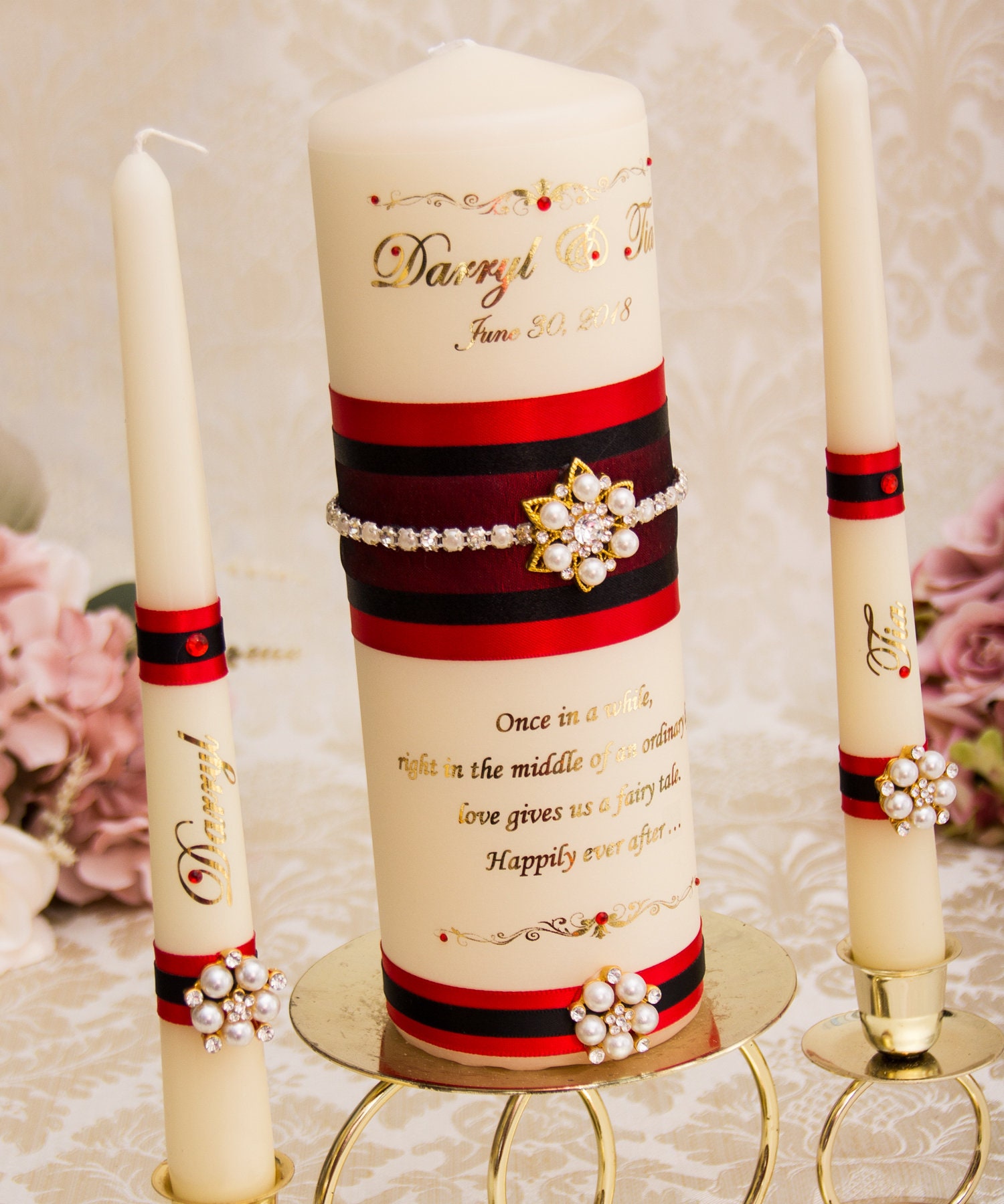 Red Unity Candle Set Black Wedding Unity Candles Gold | Etsy