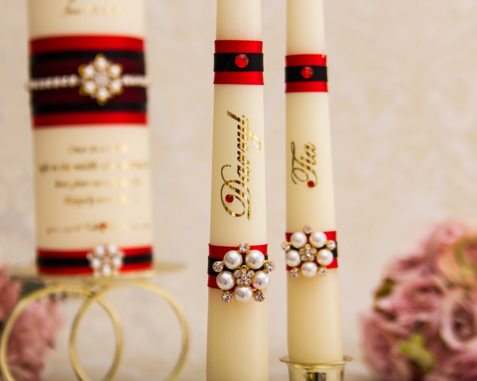 Red Unity Candle Set Black Wedding Unity Candles Gold | Etsy