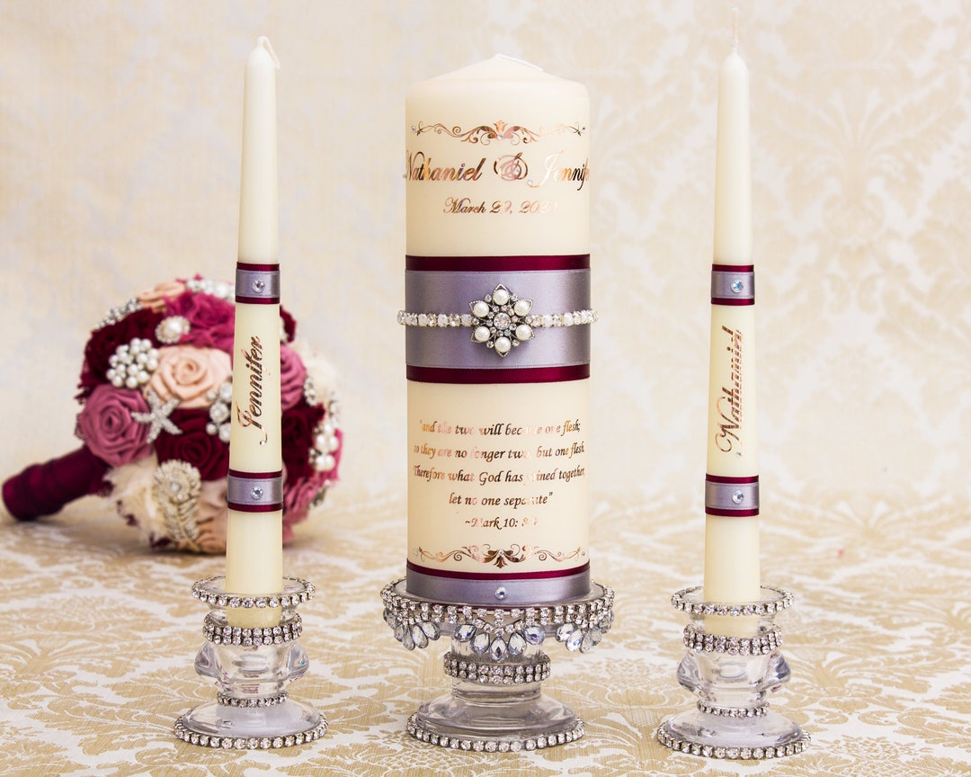 Personalized Wedding Unity Candle Set, Burgundy and Gray Unity Candles ...