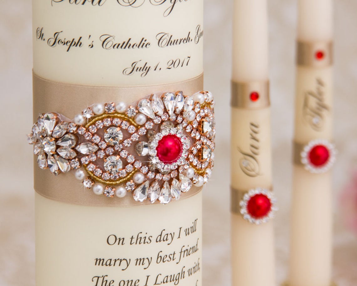 Champagne and Red Unity Candle Set Red Gold Wedding Unity Candles Ivory ...