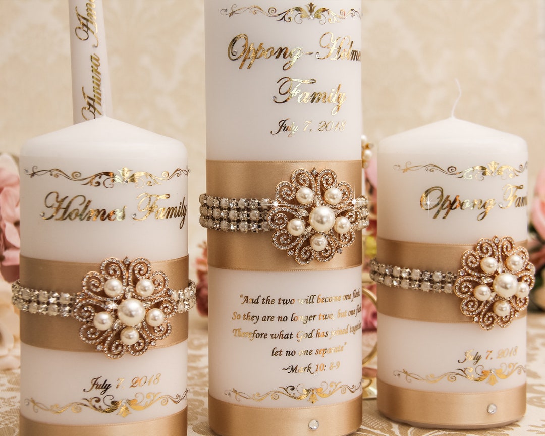 Personalized Wedding Unity Candle Set Gold Family Wedding Candles Set ...