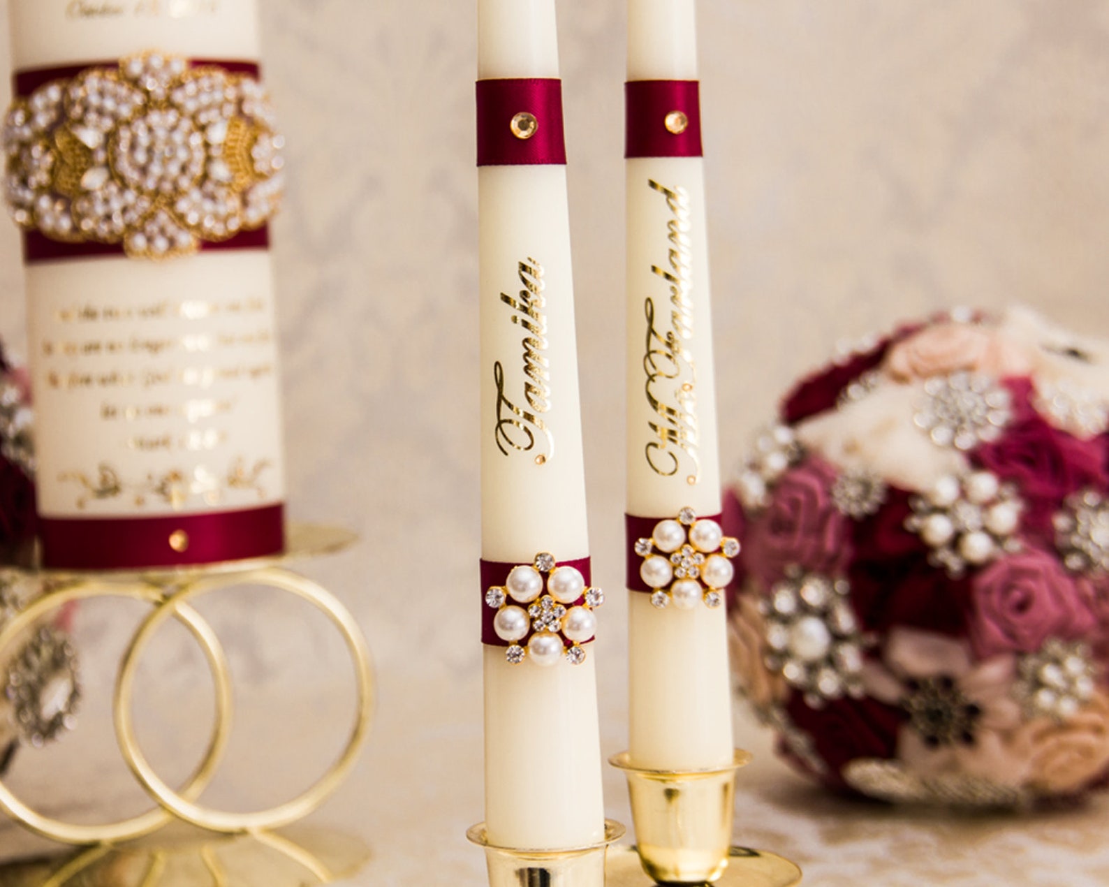 Personalized Wedding Unity Candle Set in Burgundy and Gold - Etsy