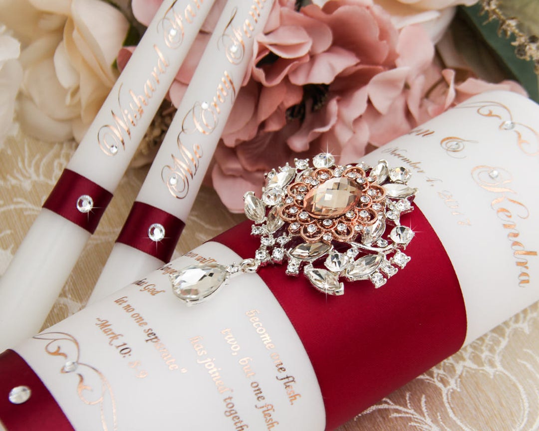 Rose Gold Unity Candle Set Burgundy Wedding Unity Candles Rose Gold ...