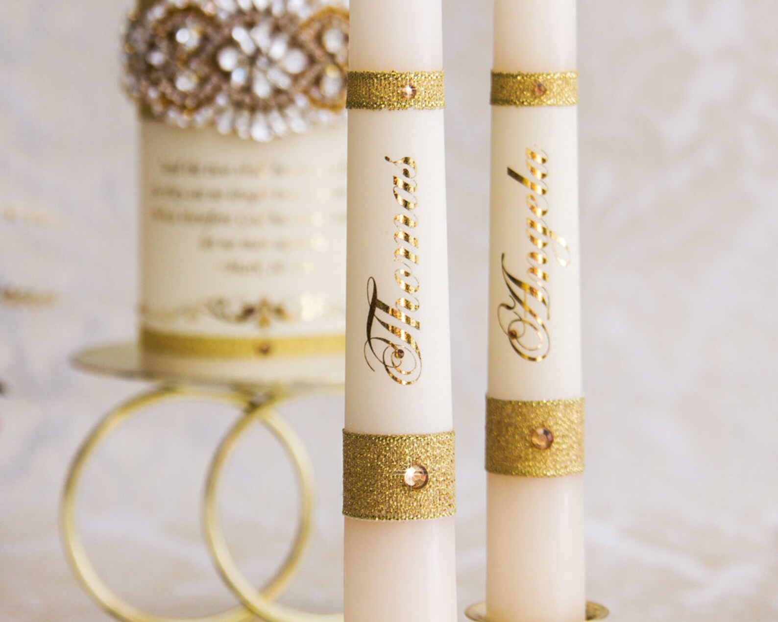 Wedding Unity Candle Set in Gold Personalized Candles Gold Crystal ...