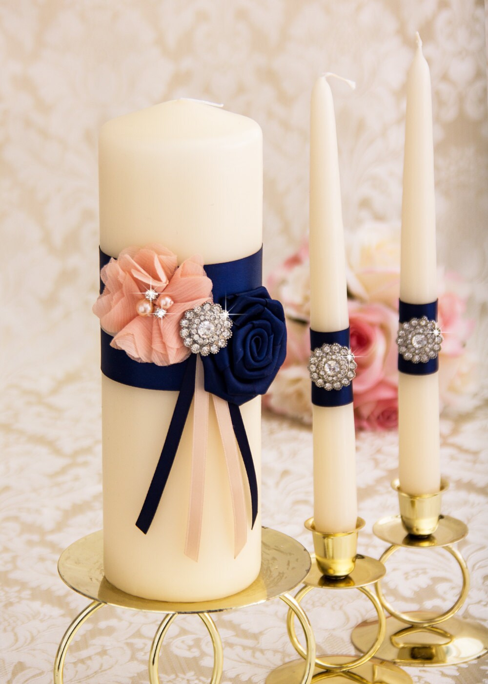 Blush and Navy Blue Unity Candles Set, Blush Wedding Candles, Wedding ...