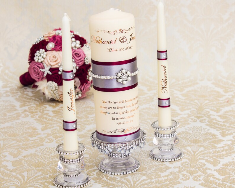 Personalized Wedding Unity Candle Set, Burgundy and Gray Unity Candles ...