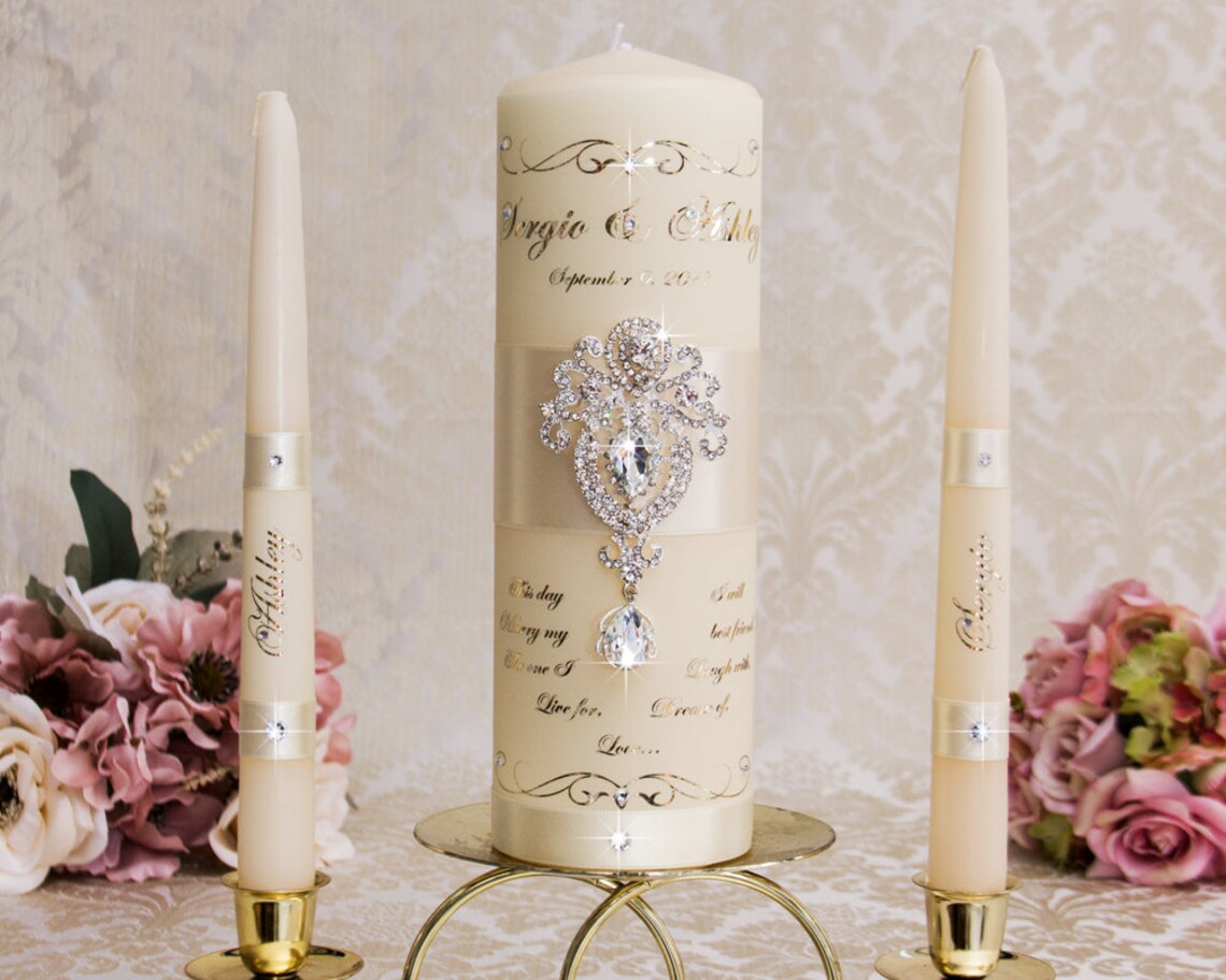 Champagne and Red Unity Candle Set Red Gold Wedding Unity Candles Ivory ...