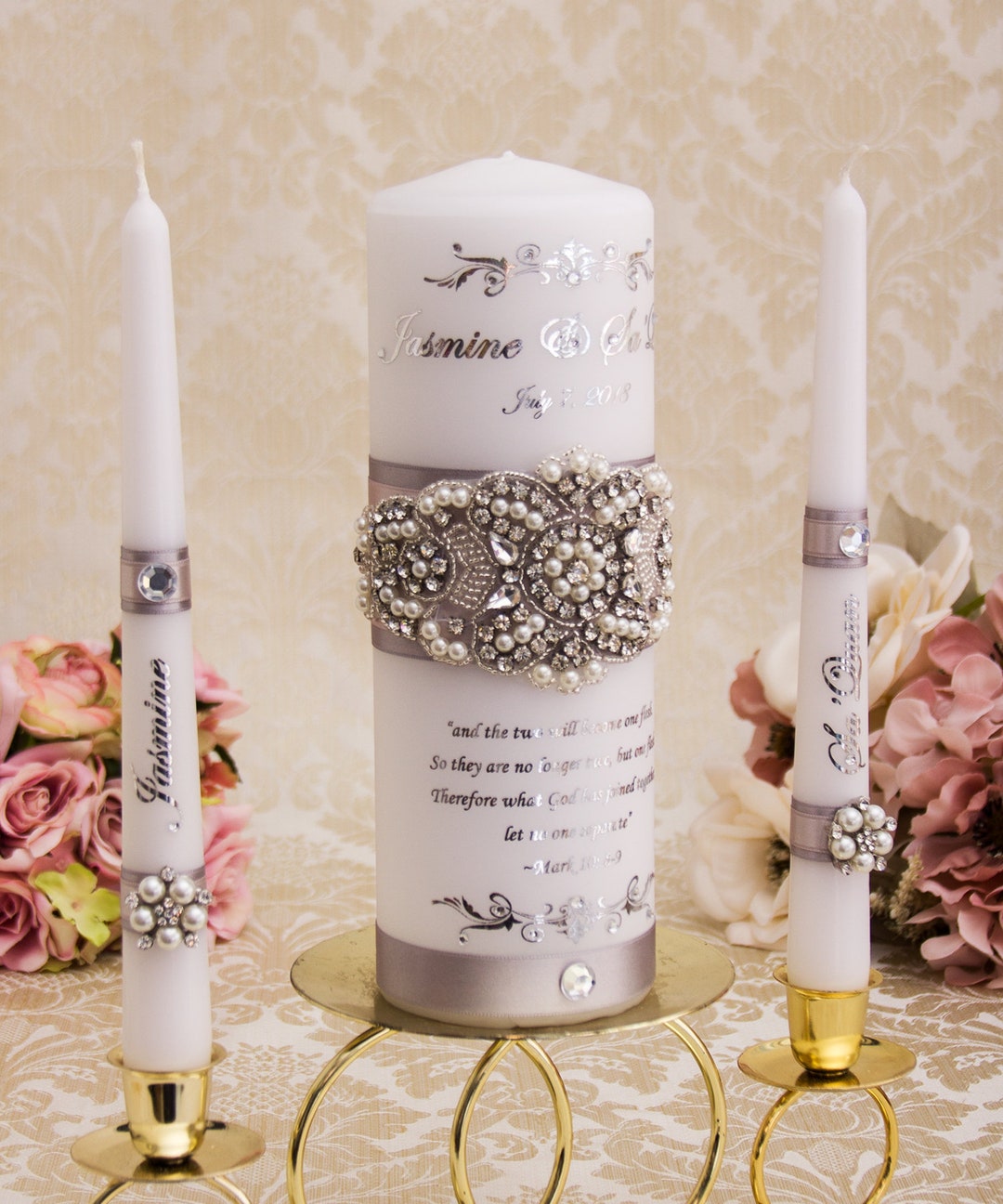 Pearl Wedding Unity Candle Set, Silver Wedding Candles Set, Silver Unity Candle Set ...