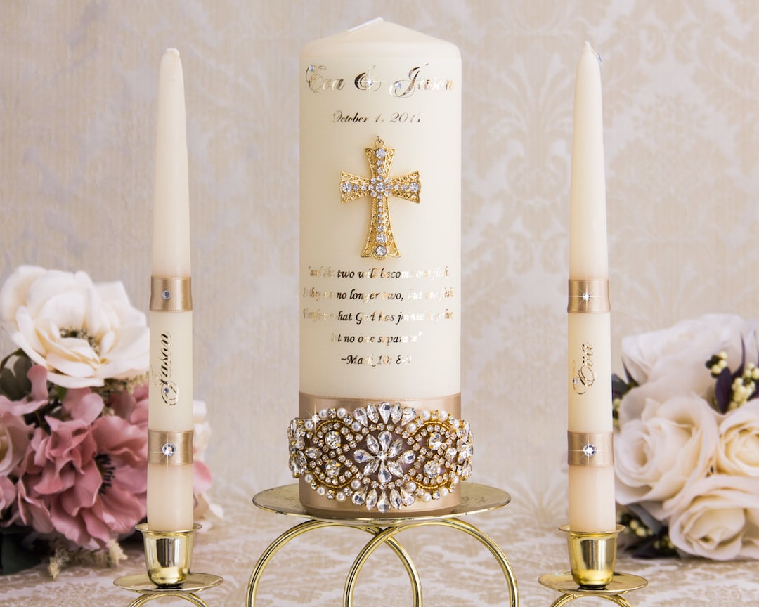Gold Unity Candle Set Cross Wedding Unity Candles Gold Wedding Candle ...