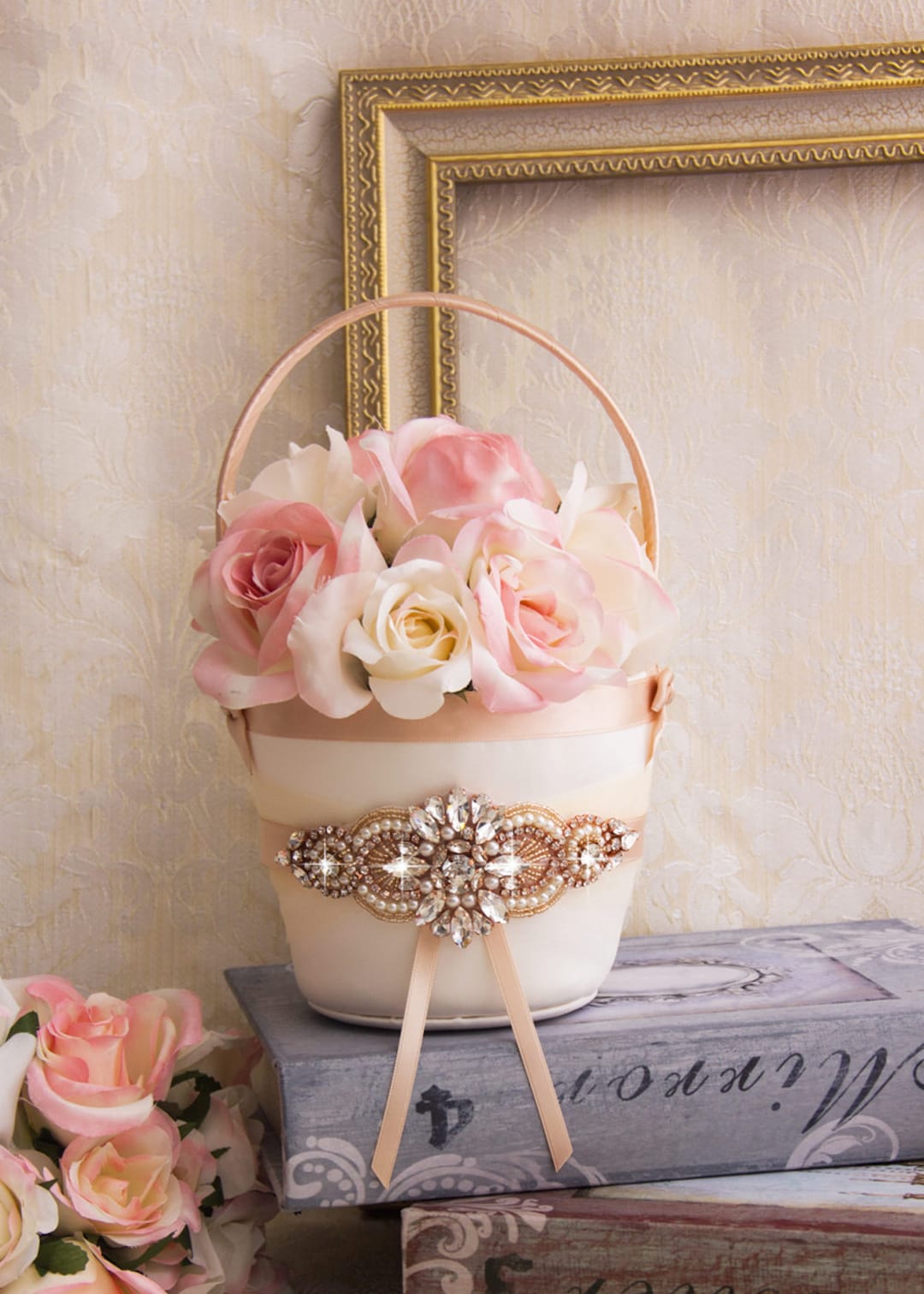 Rose Gold Flower Girl Basket, Rhinestone Flower Girl Basket, Blush ...