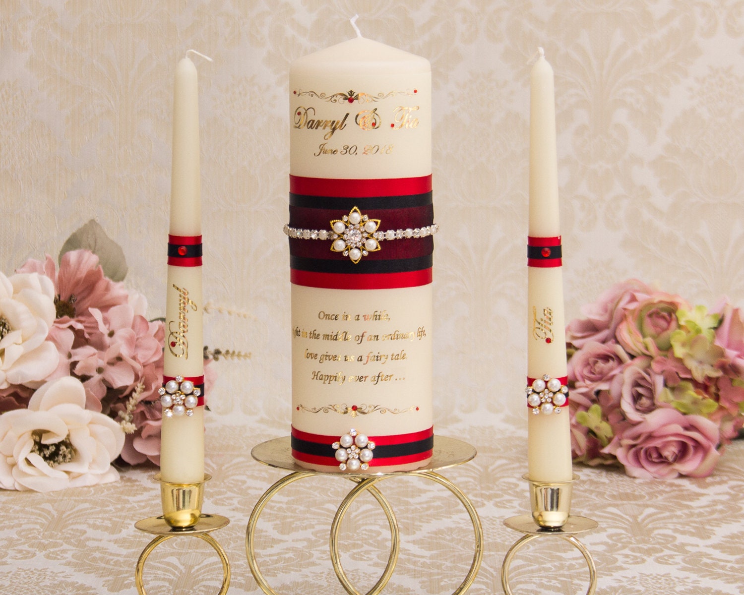 Red Unity Candle Set Black Wedding Unity Candles Gold | Etsy