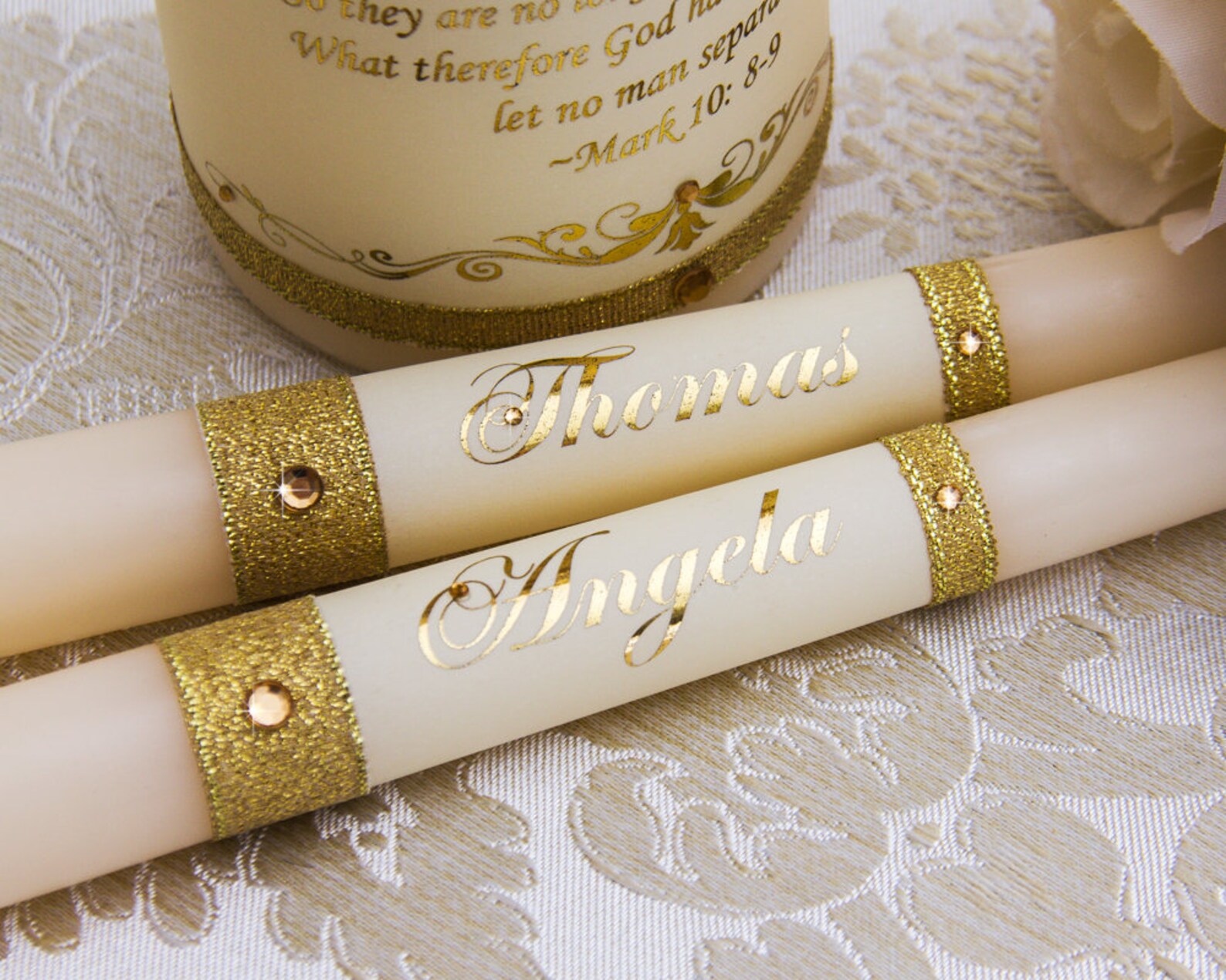 Wedding Unity Candle Set in Gold Personalized Candles Gold Crystal ...