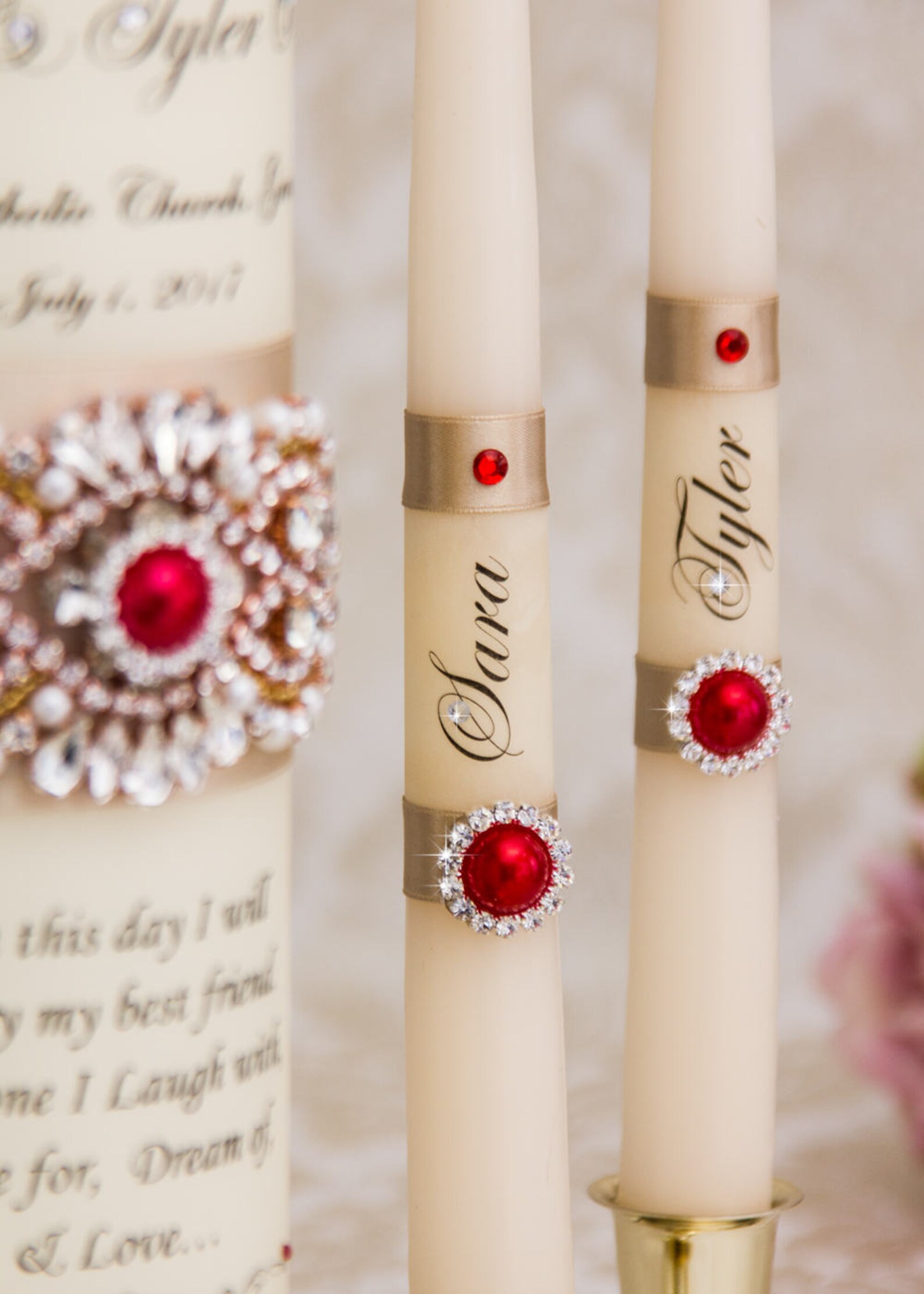 Champagne and Red Unity Candle Set Red Gold Wedding Unity Candles Ivory ...