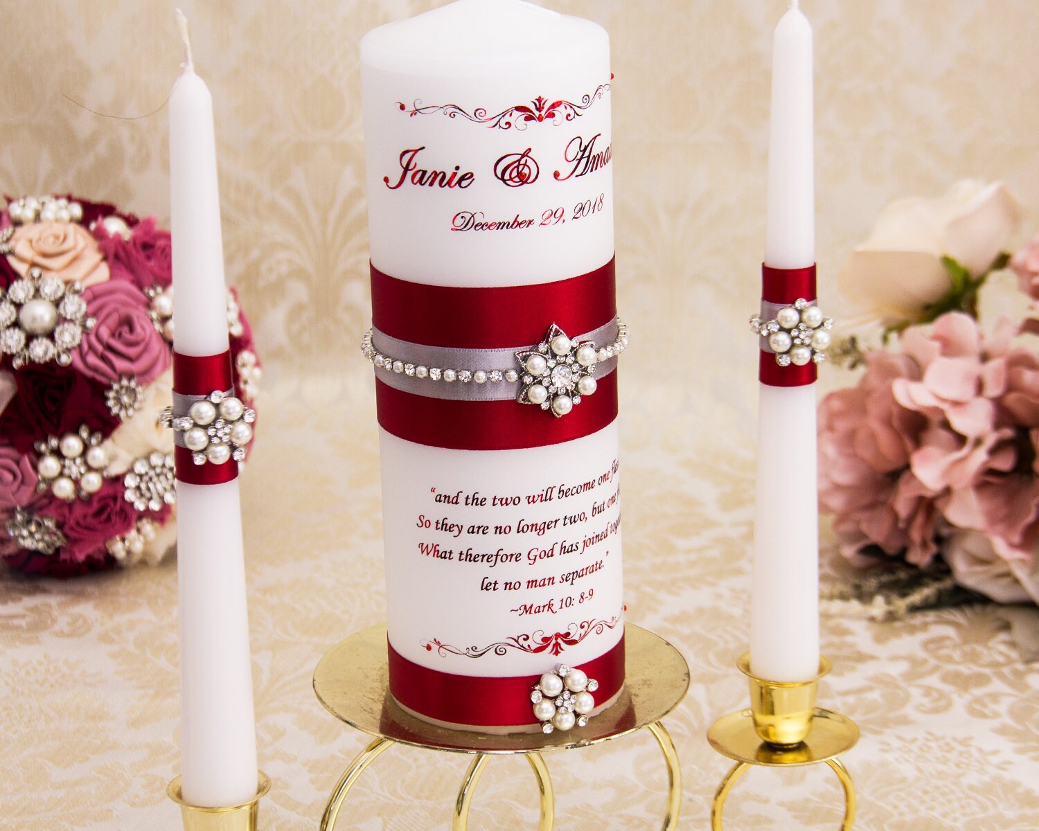 Burgundy Wedding Unity Candle Set, Unity Candles for Wedding, Bling ...