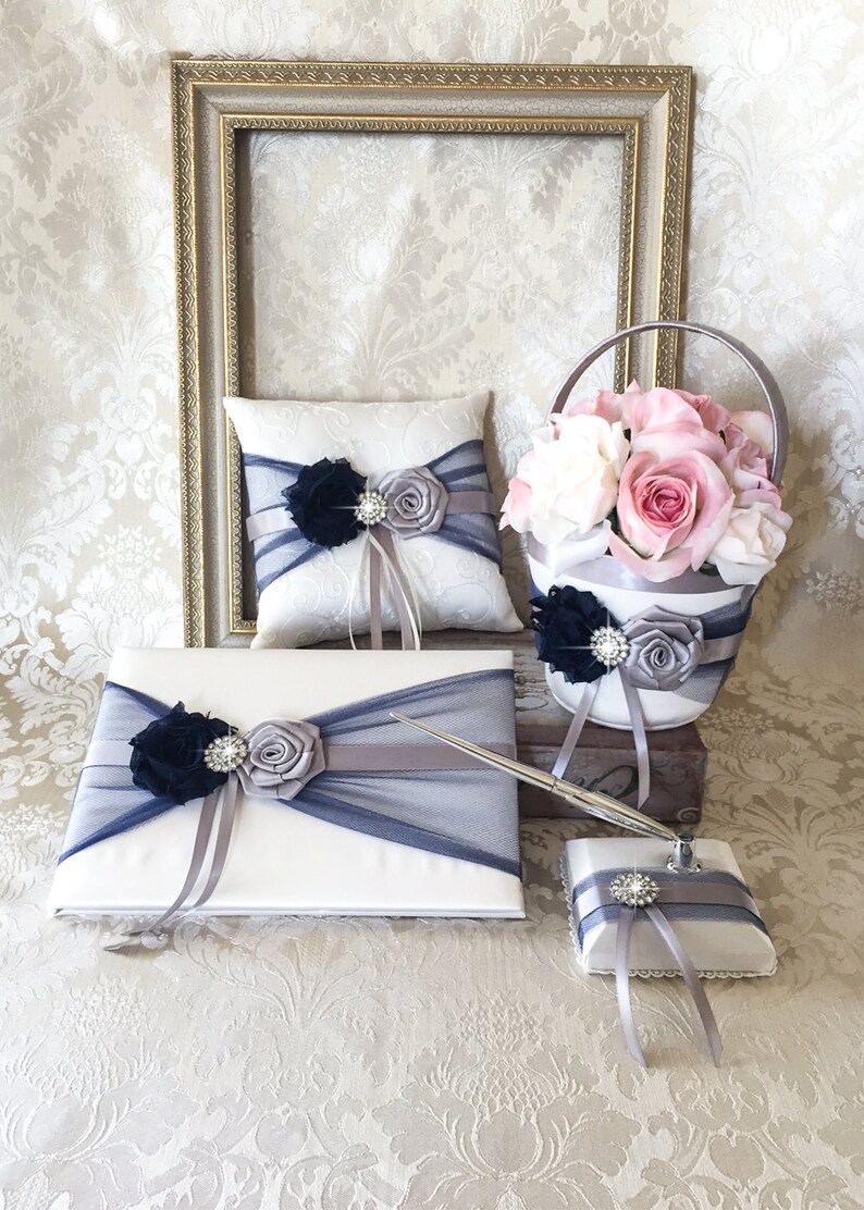 Navy Blue and Gray Wedding Accessories Set Wedding Ring - Etsy