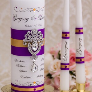 Purple and Gold Unity Candle Set, Wedding Unity Candle Set Personalized ...