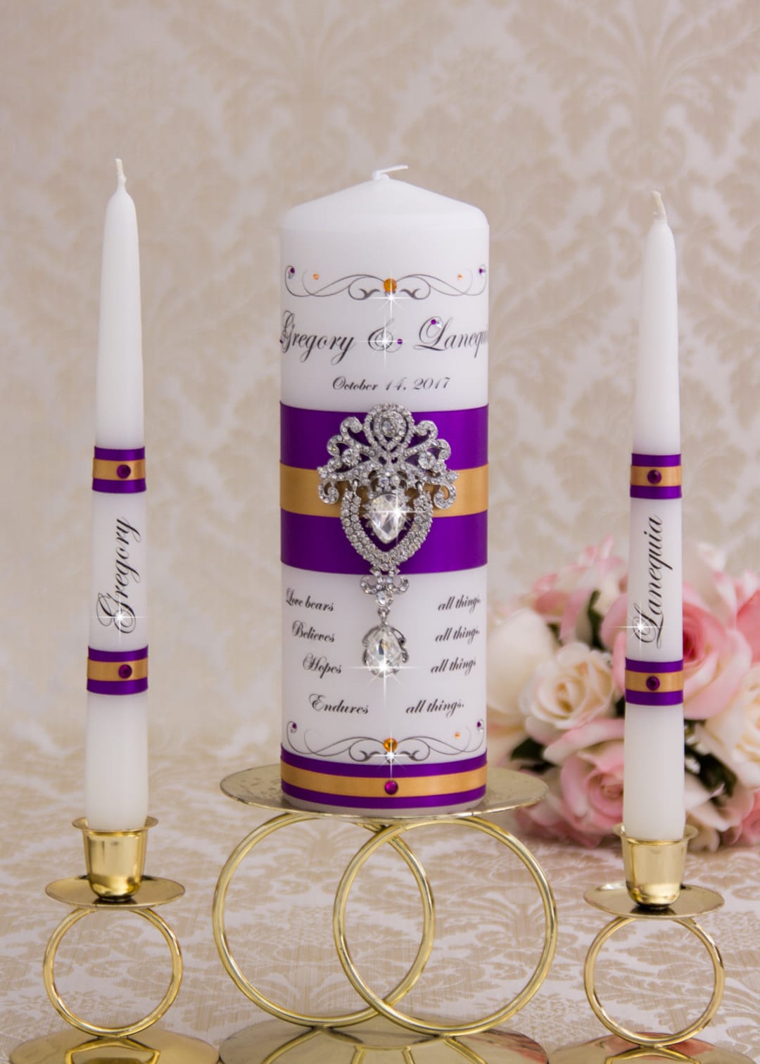 Purple and Gold Unity Candle Set, Wedding Unity Candle Set Personalized ...