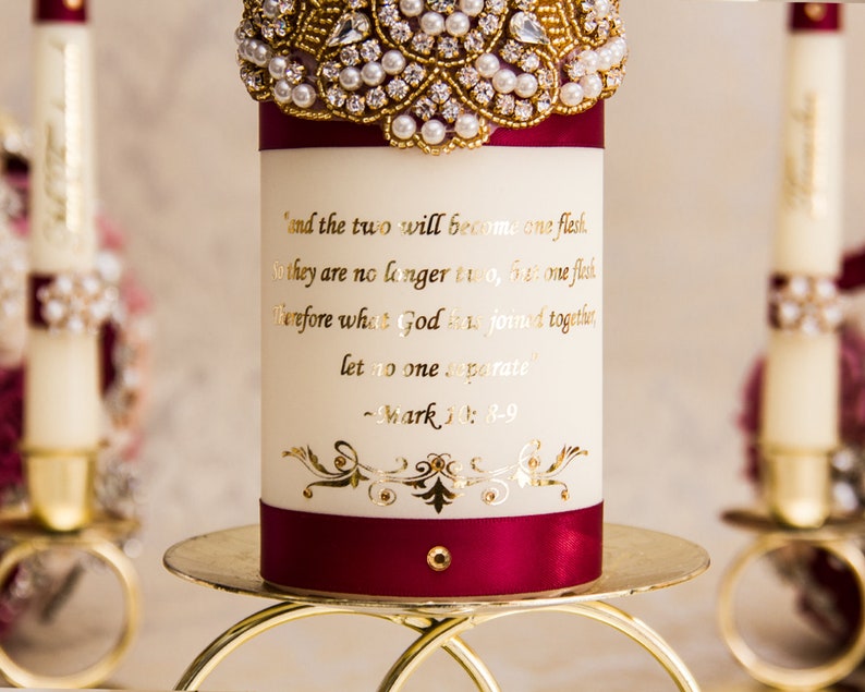 Personalized Wedding Unity Candle Set in Burgundy and Gold - Etsy