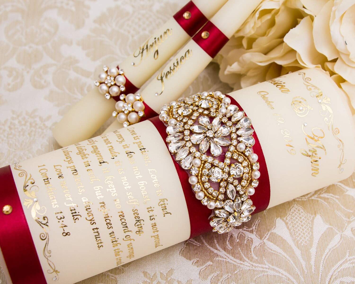 Deep Red and Gold Wedding Unity Candle Set Personalized Unity | Etsy