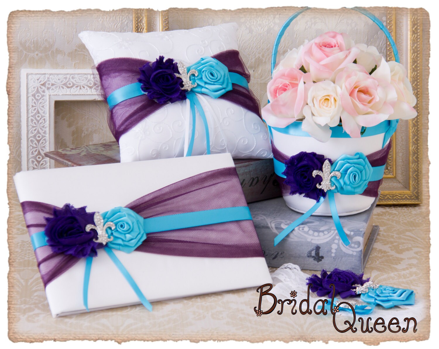 Purple and Turquoise Wedding Flower Girl Basket Set and Ring | Etsy