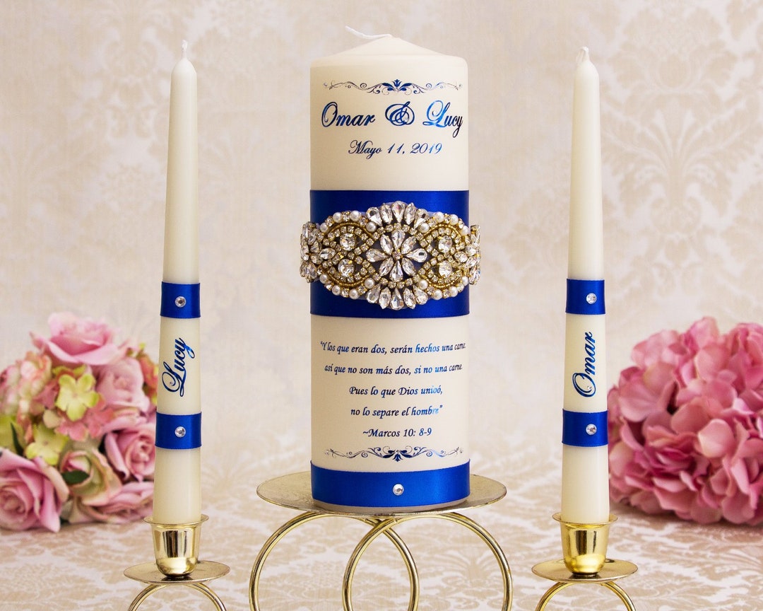 Royal Blue Wedding Unity Candle Set, Gold Wedding Candles. Personalized ...
