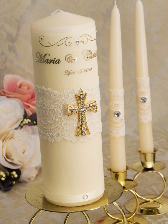 Christian Wedding Unity Candle Set Unity Candle Set Gold Cross Candle
