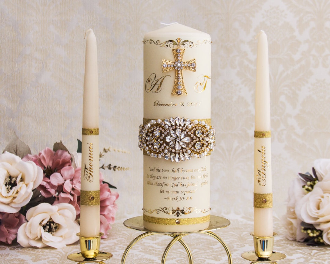 Wedding Unity Candle Set in Gold Personalized Candles Gold Crystal ...