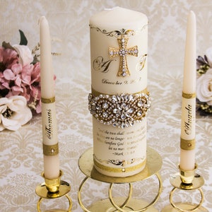 Wedding Unity Candle Set in Gold Personalized Candles Gold Crystal ...