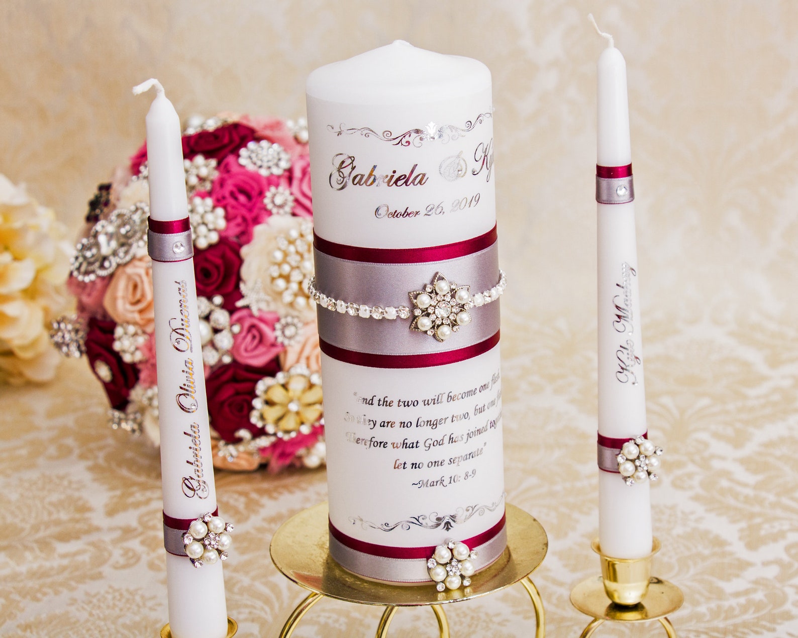 Personalized Wedding Unity Candle Set Burgundy and Gray Unity - Etsy