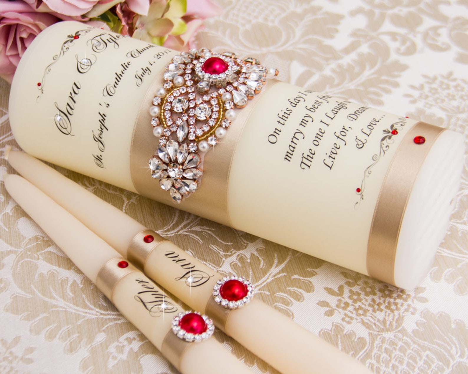 Champagne and Red Unity Candle Set Red Gold Wedding Unity Candles Ivory ...