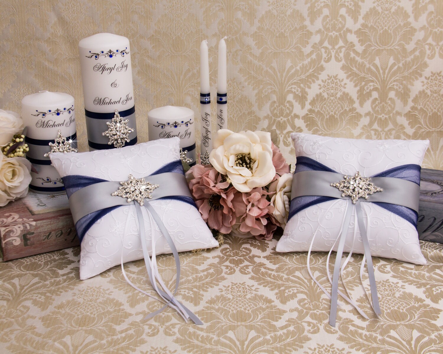 Personalized Wedding Unity Candle Set in Navy Blue and Silver | Etsy