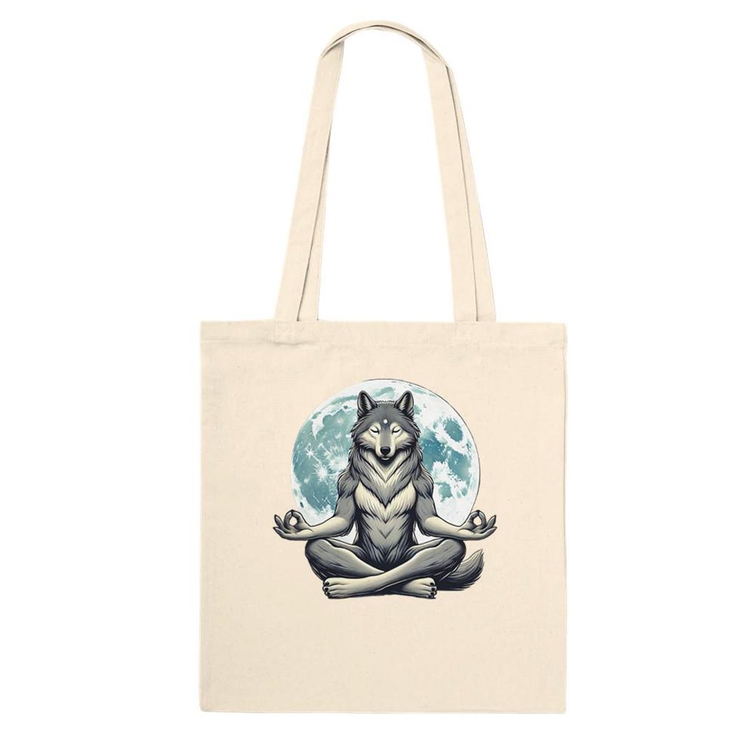 Mindful Meditation Tote Bag Aware Wolf Full Moon Design Spiritual Yoga ...