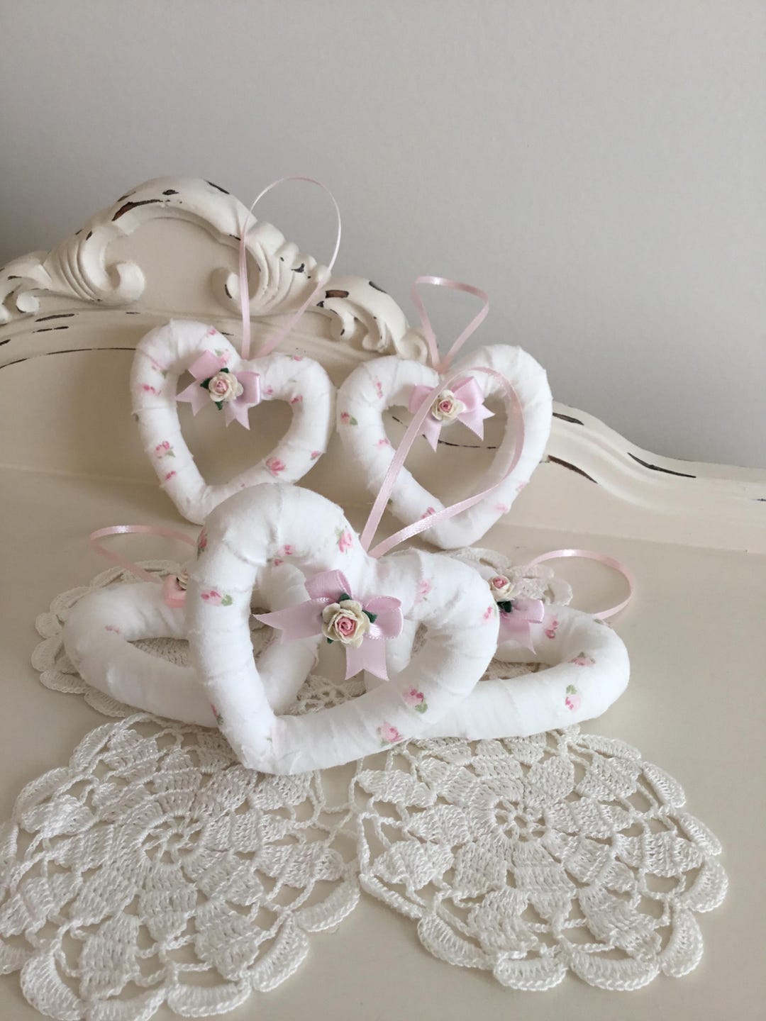 Pink Rose Sprinkle Rachel Ashwell Fabric Covered Hearts Set of 5 Shabby ...