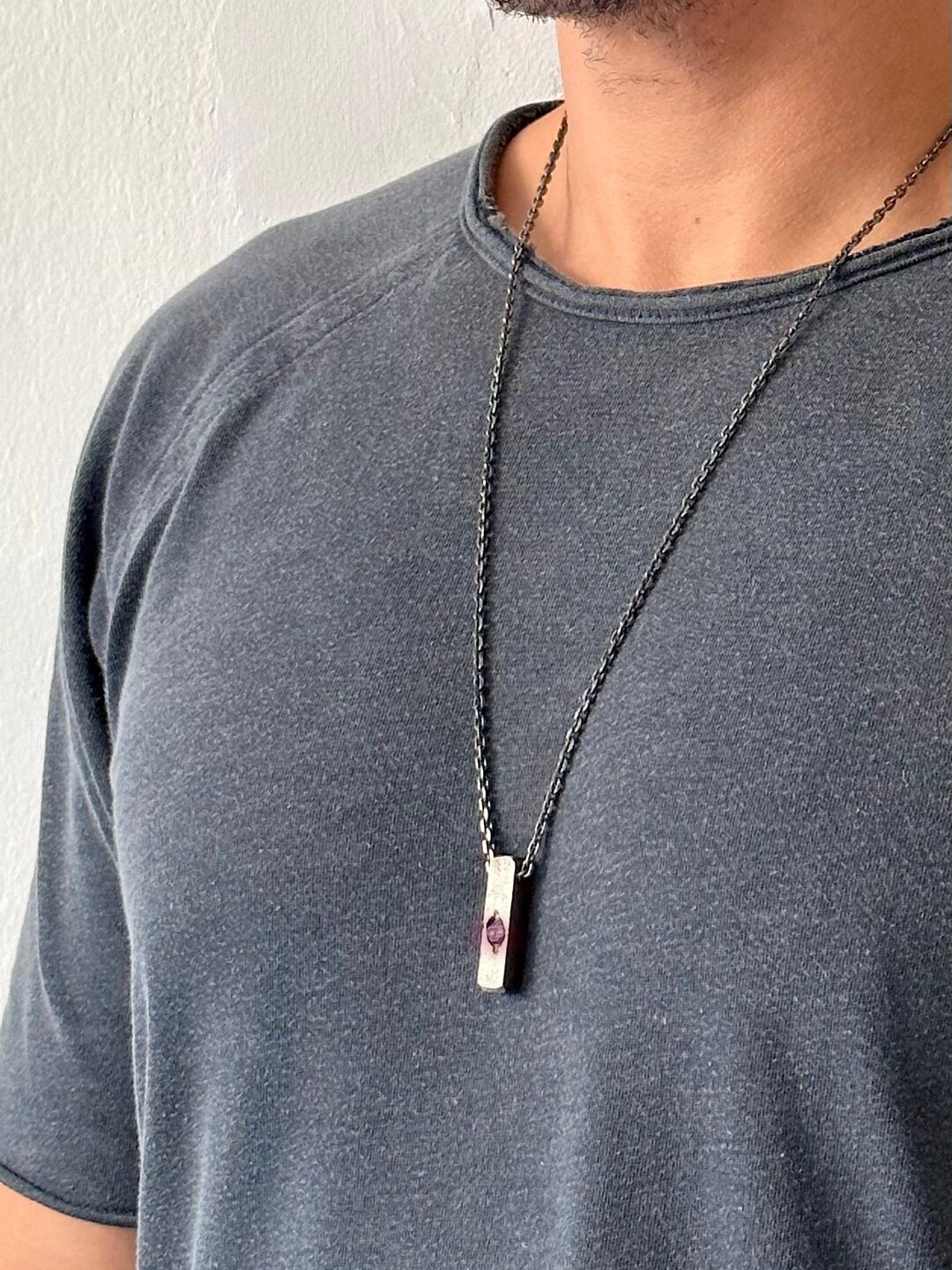 Unique Mens Necklace, Men Bar Necklace, Raw Ruby Pendant, Textured ...