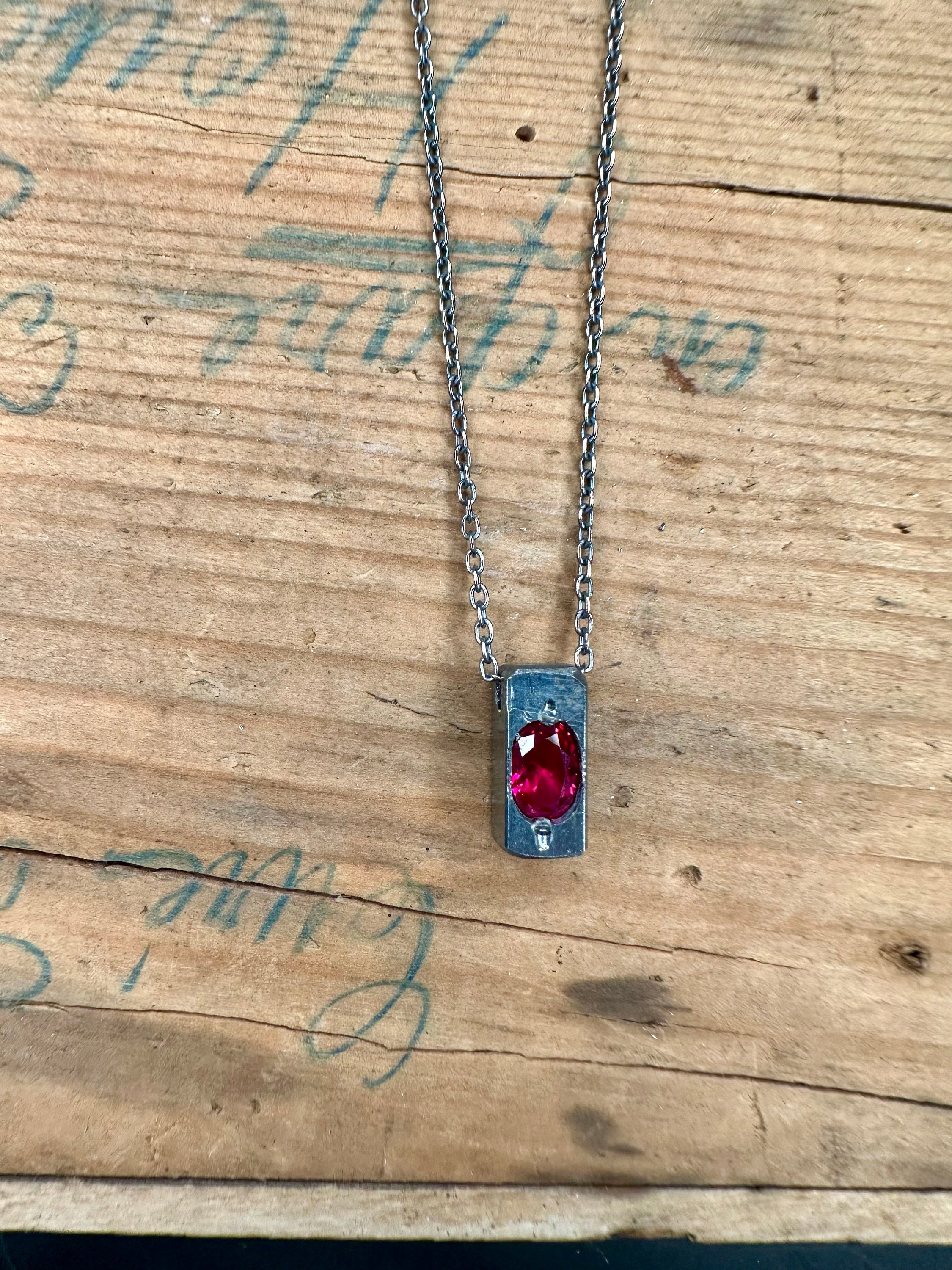 Men's Ruby Gemstone Necklace Pendant, Oxidized 925 Silver Square Bar ...